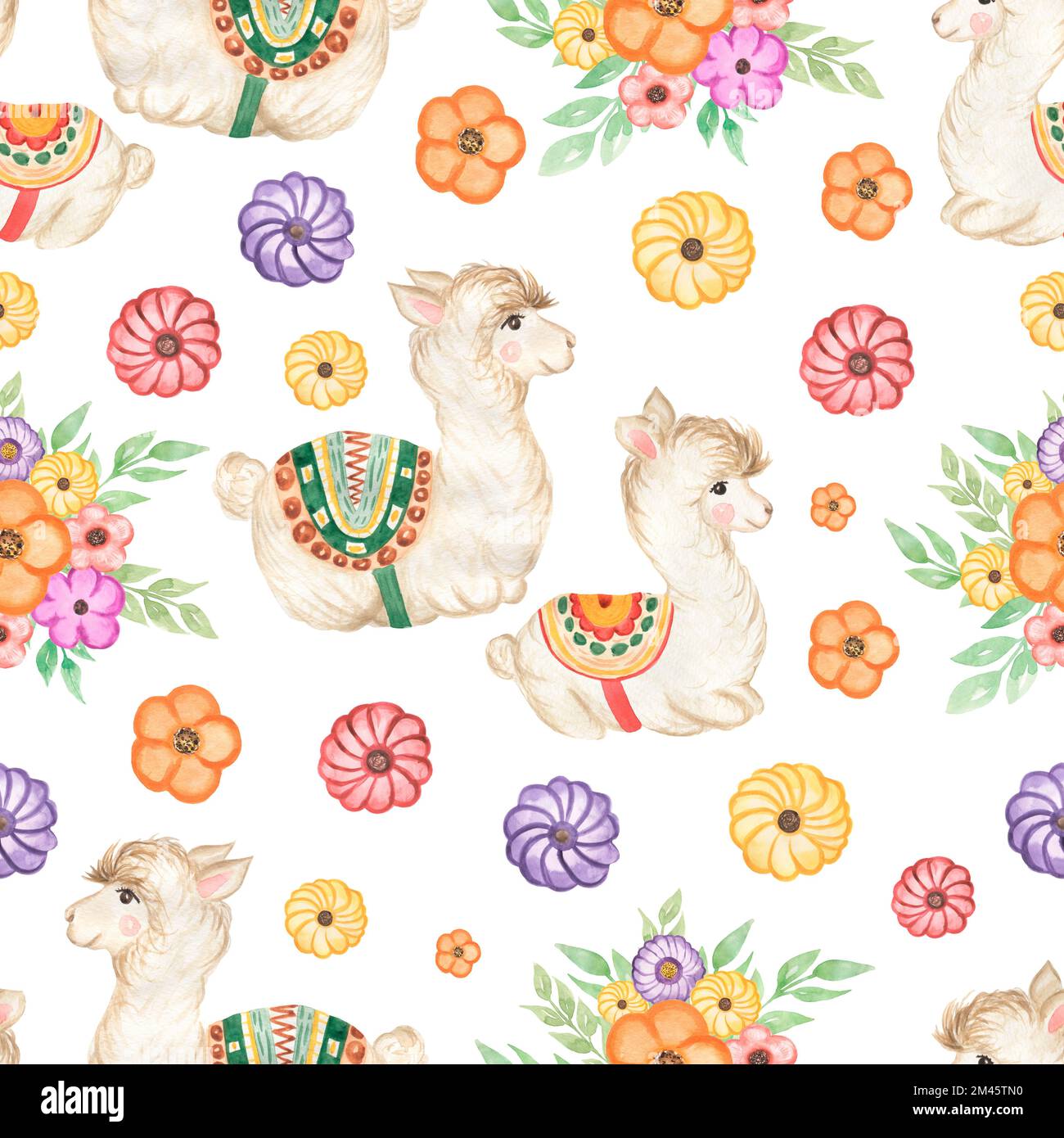 Watercolor cute baby and mother alpaca seamless pattern. Cacti digital ...