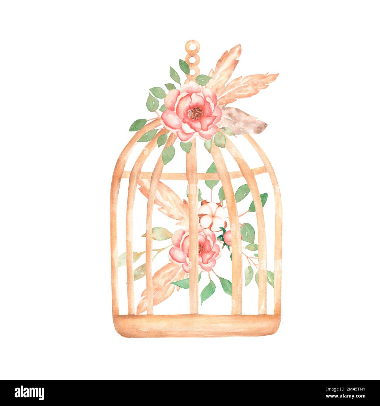 Watercolor vintage rusty cage with peony, feathers, cotton and green ...