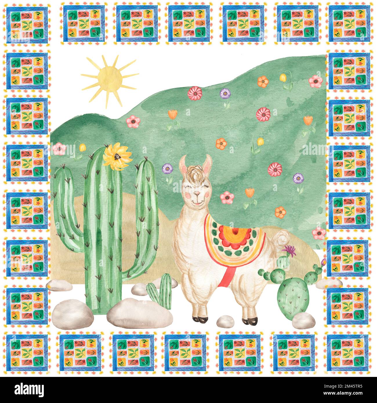 Watercolor cute alpaca card composition. Bright mexican florals, cacti ...