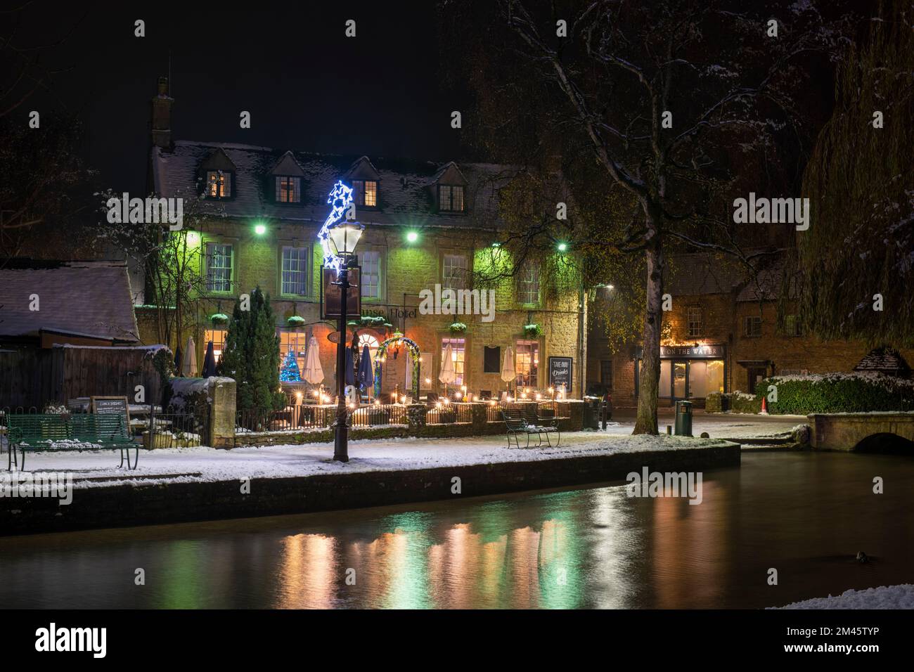 Old manse hotel at night in the snow. Bourton on the Water, Cotswolds ...
