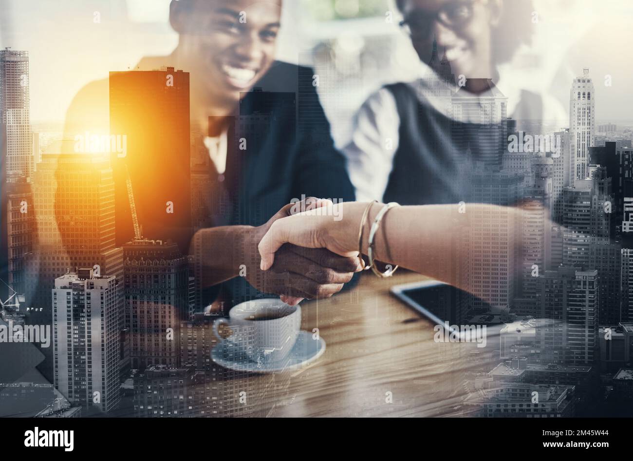 Its nice to finally meet you. two young businesspeople shaking hands ...