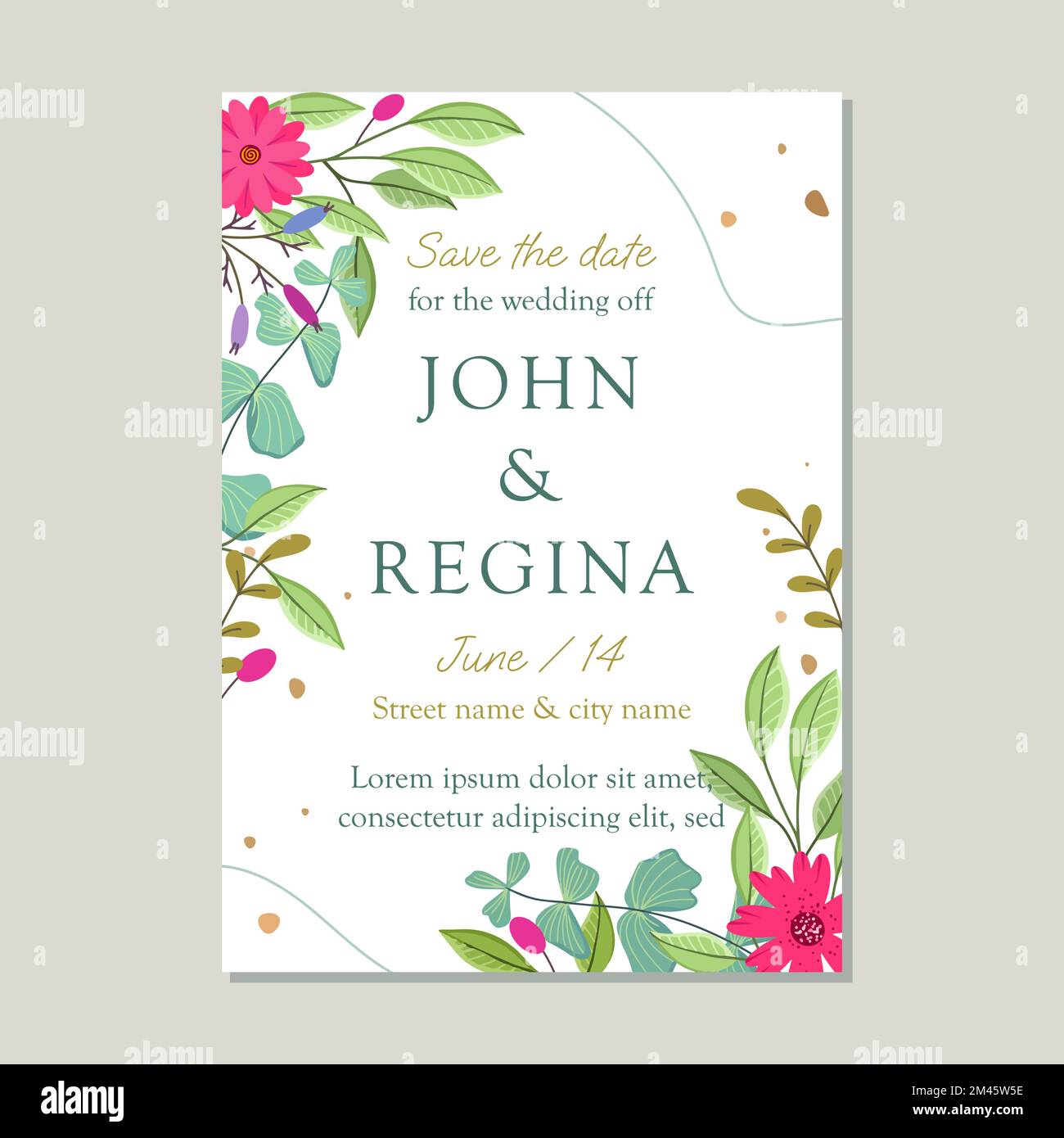 wedding invitation with bright floral design in hand-drawing style ...