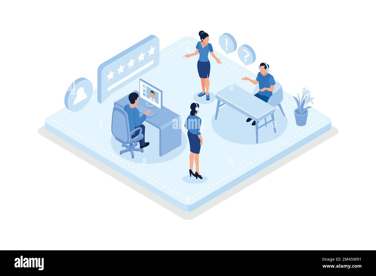 People asking a questions and receiving answers from helpdesk, Customer support, isometric ...
