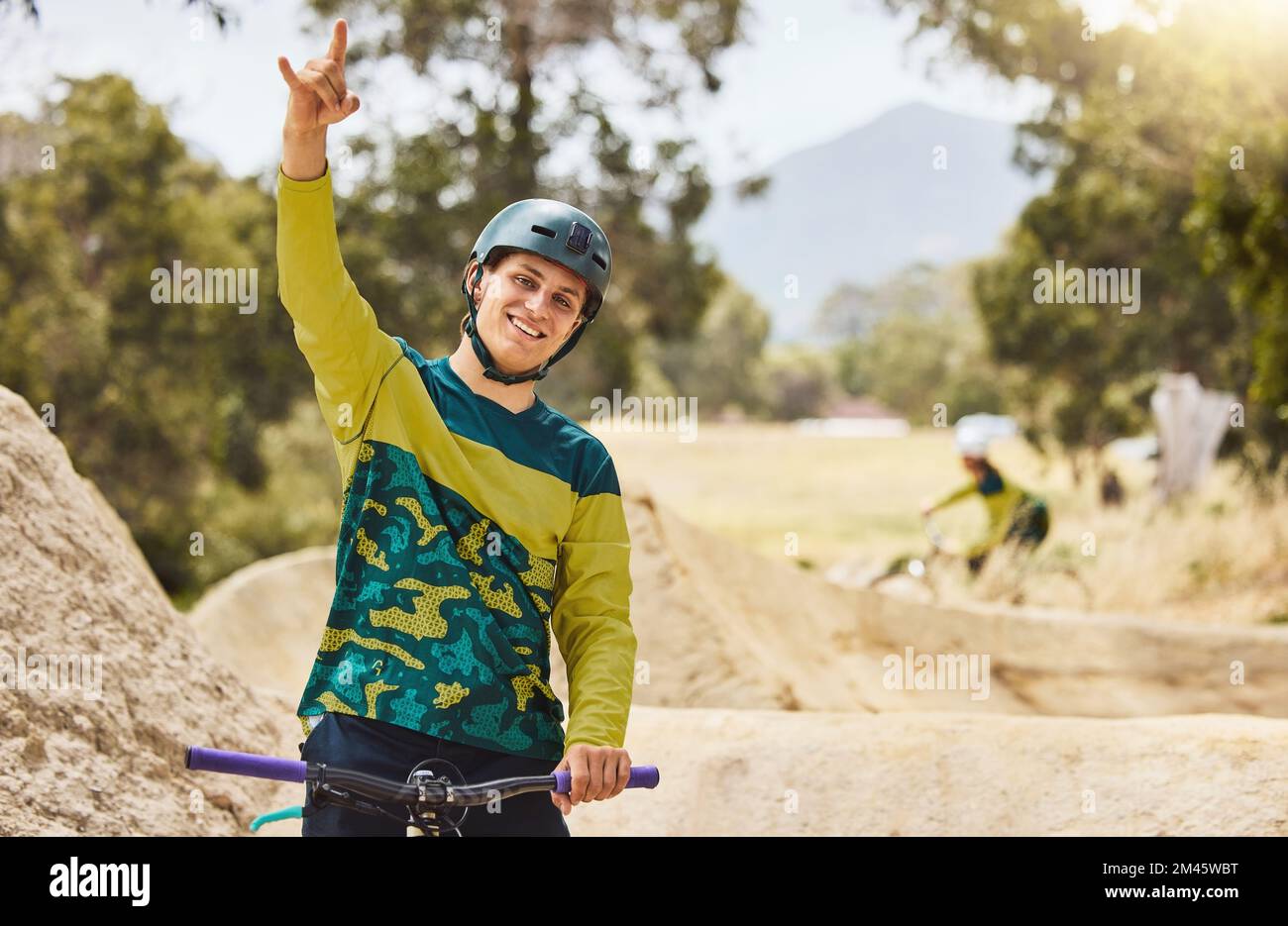 Mountain bike, cycling man and celebration for race, contest and ...