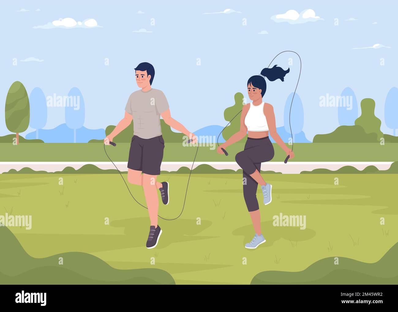 Doing jumping rope exercise flat color vector illustration Stock Vector ...