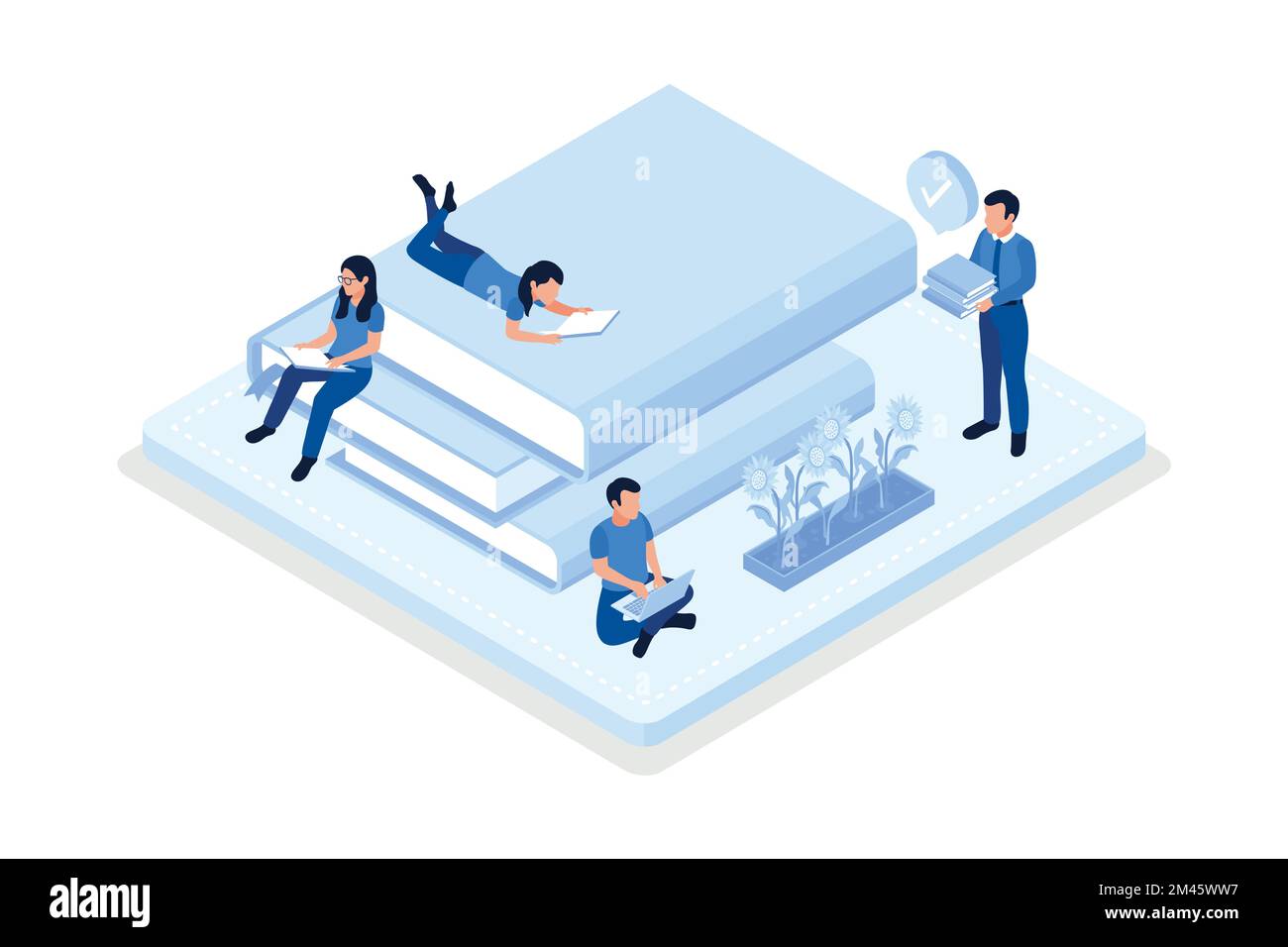 Book exchange and reuse, People reading together, isometric vector ...