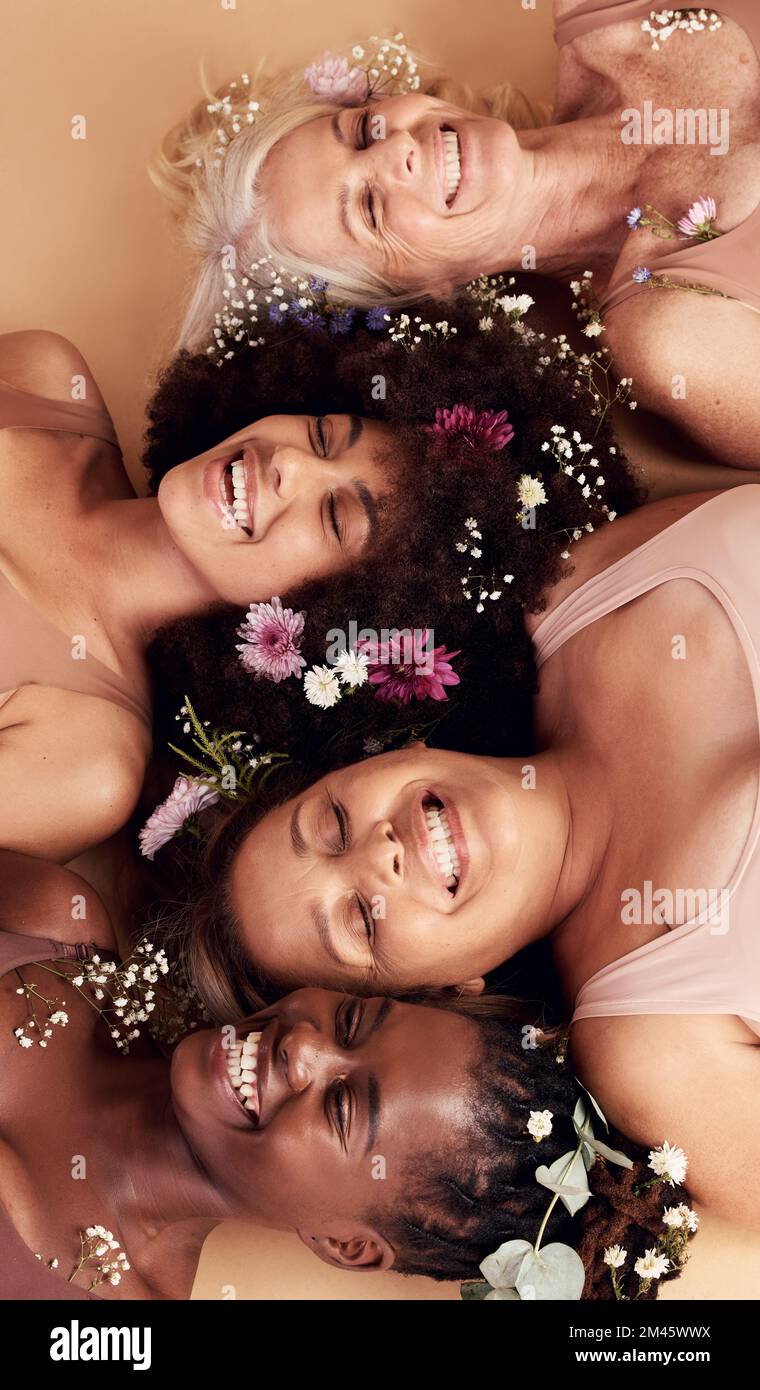 Top view, women diversity or faces with flowers on studio background in ...