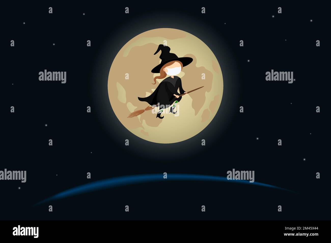 Witch in mask flying on broomstick. Vector illustration Stock Vector ...