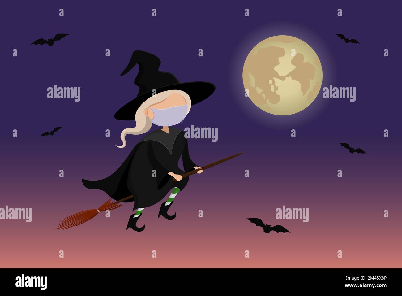 Witch in mask flying on broom. Full moon. Vector illustration Stock ...
