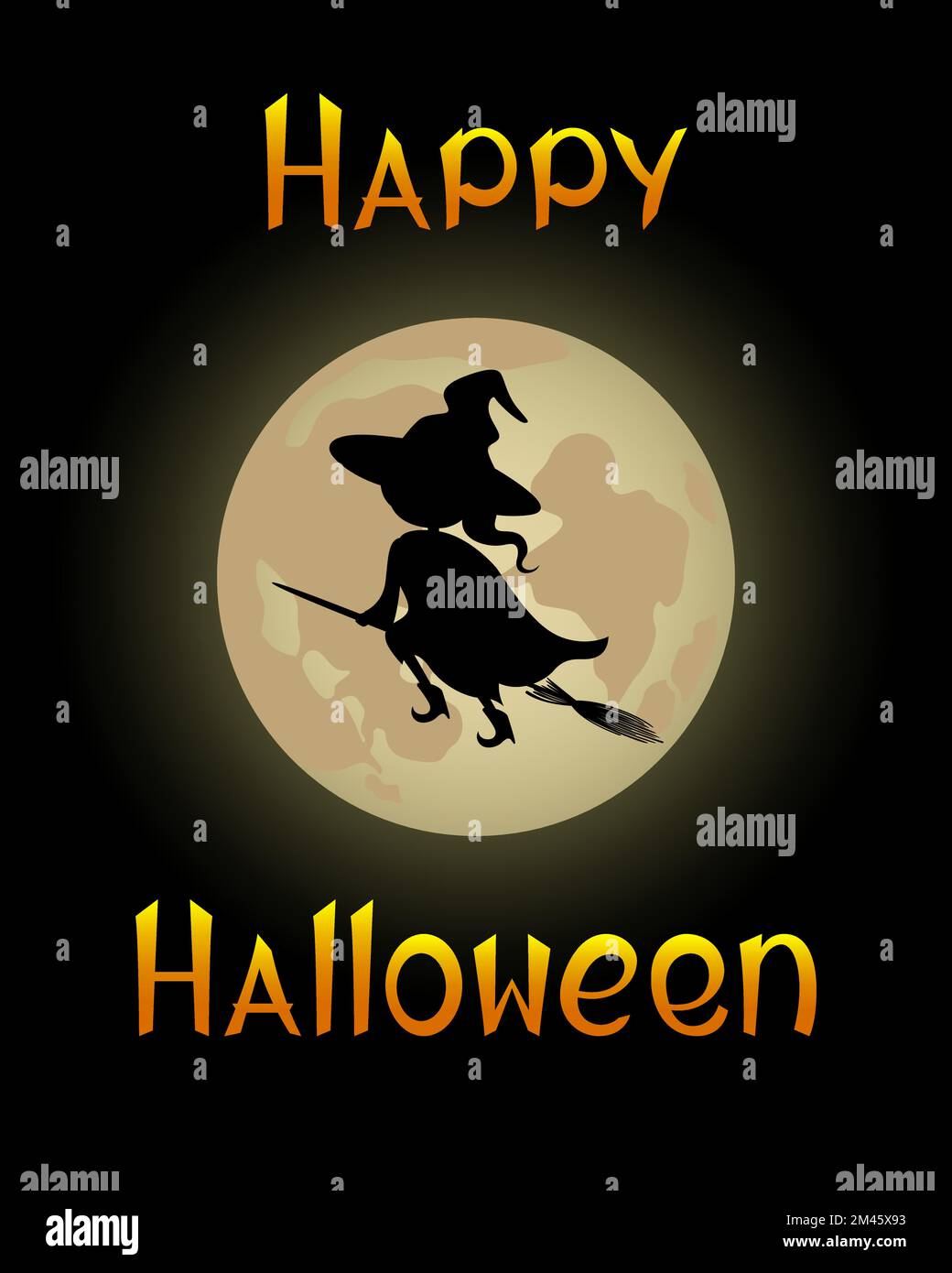 Halloween card. Witch on broomstick flying on moon background. Vector ...