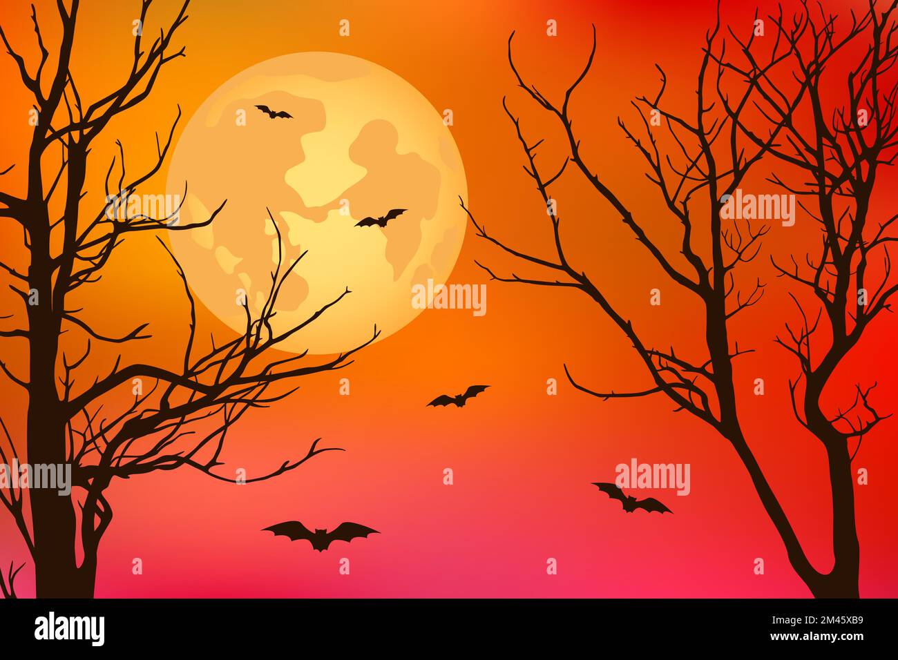 Creepy night background. Full moon and bats. Vector illustration Stock ...