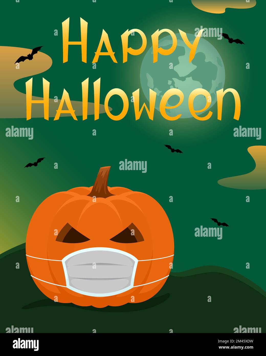 Halloween card. Pumpkin in protective mask. Vector illustration Stock ...