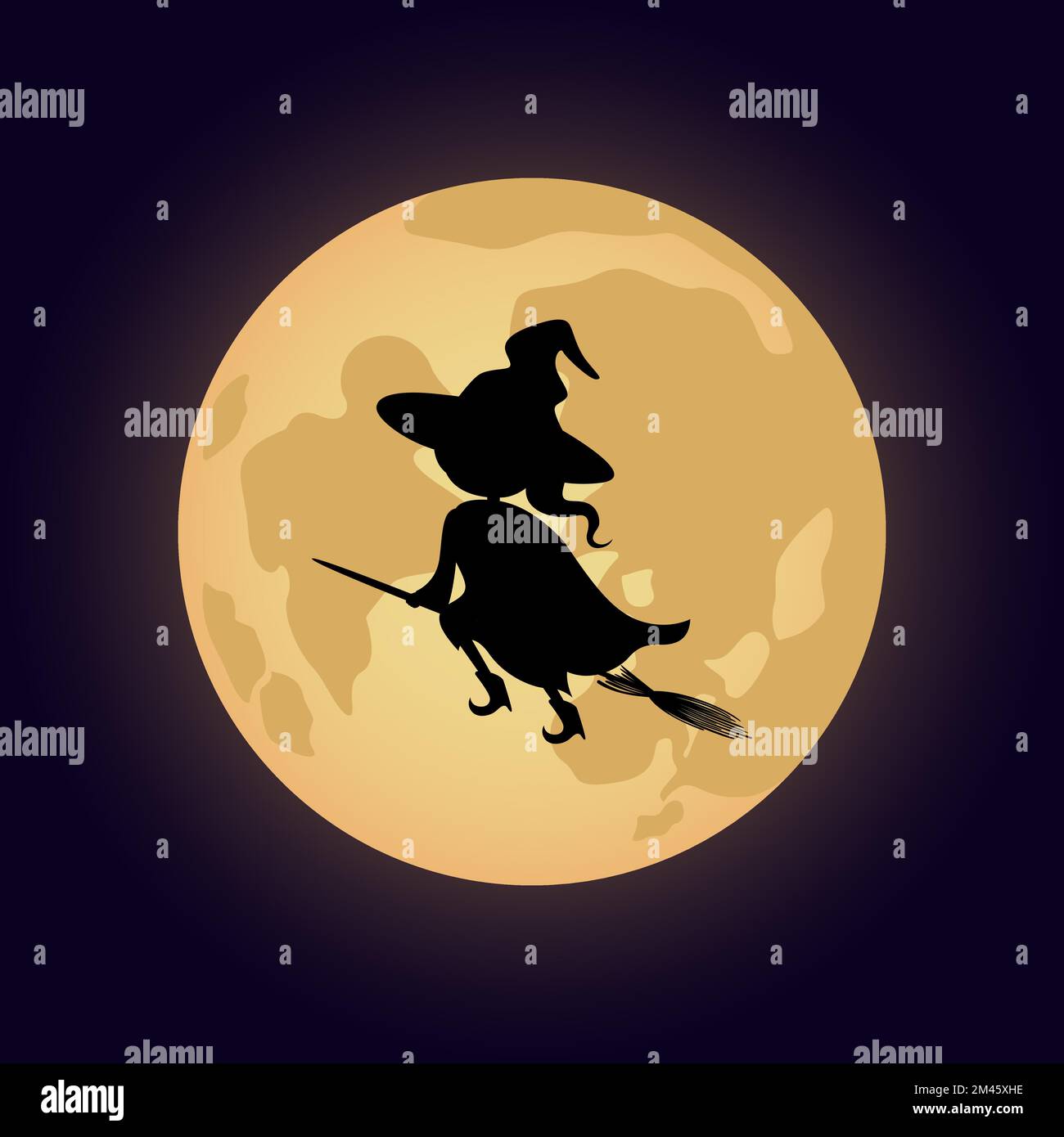 Witch flying on broom on full moon background. Vector illustration ...