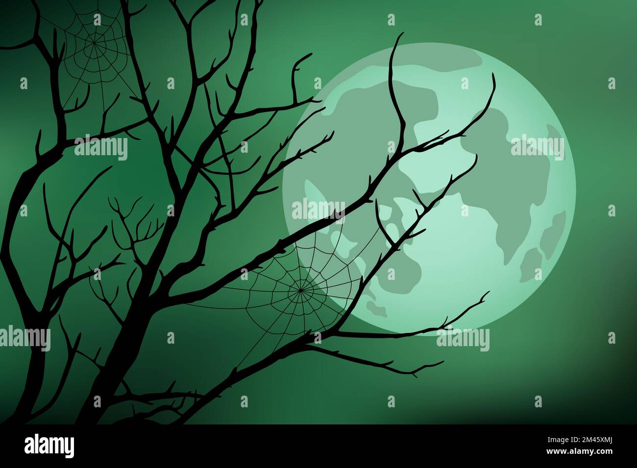 Creepy night background. Full moon and spiderweb on tree. Vector ...