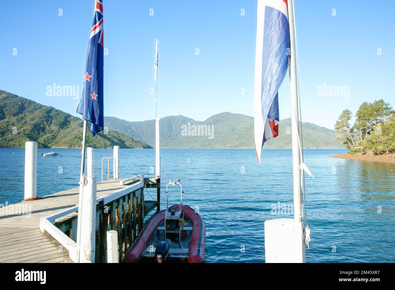 Marlborough Sounds New Zealand - February 21 2010; jetty in scenic bay ...