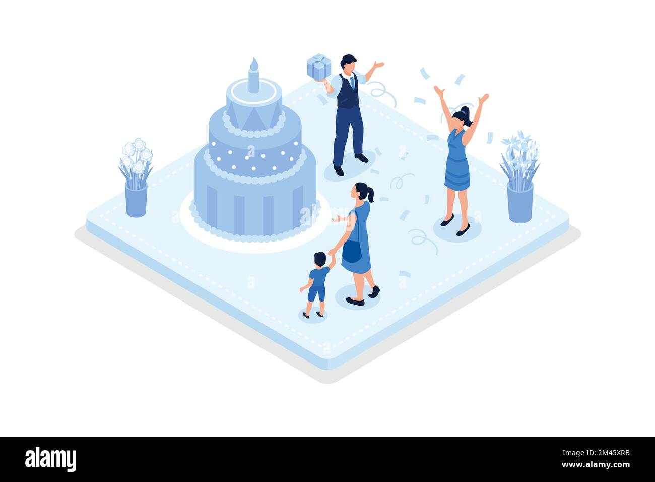 People celebrating birthday party. Characters standing near birthday ...