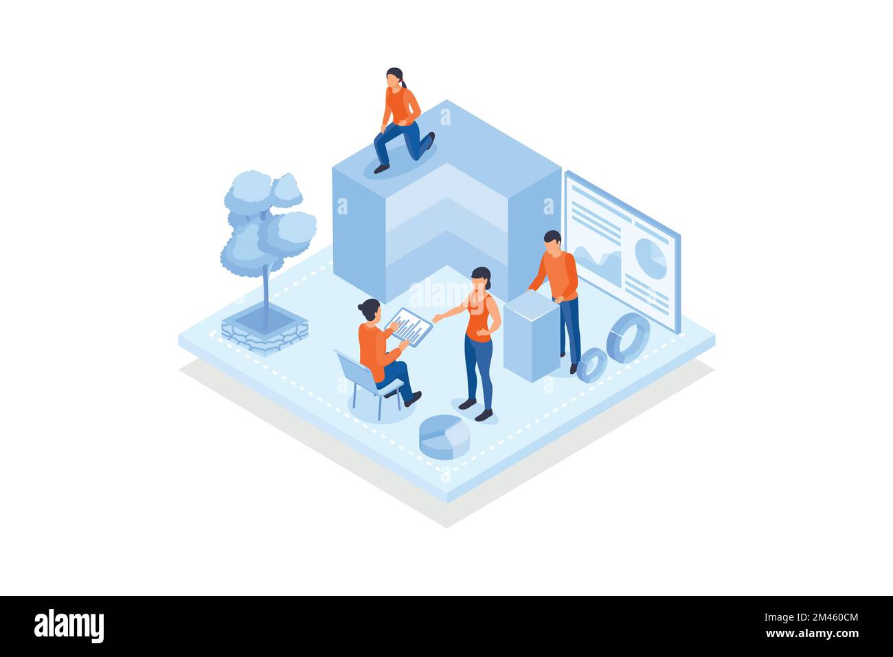 Conceptual template with people analyzing cube divided into layers and ...