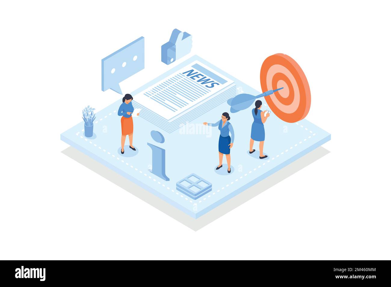 Conceptual template with woman and pile of newspapers, glasses, target. Scene for news storage ...