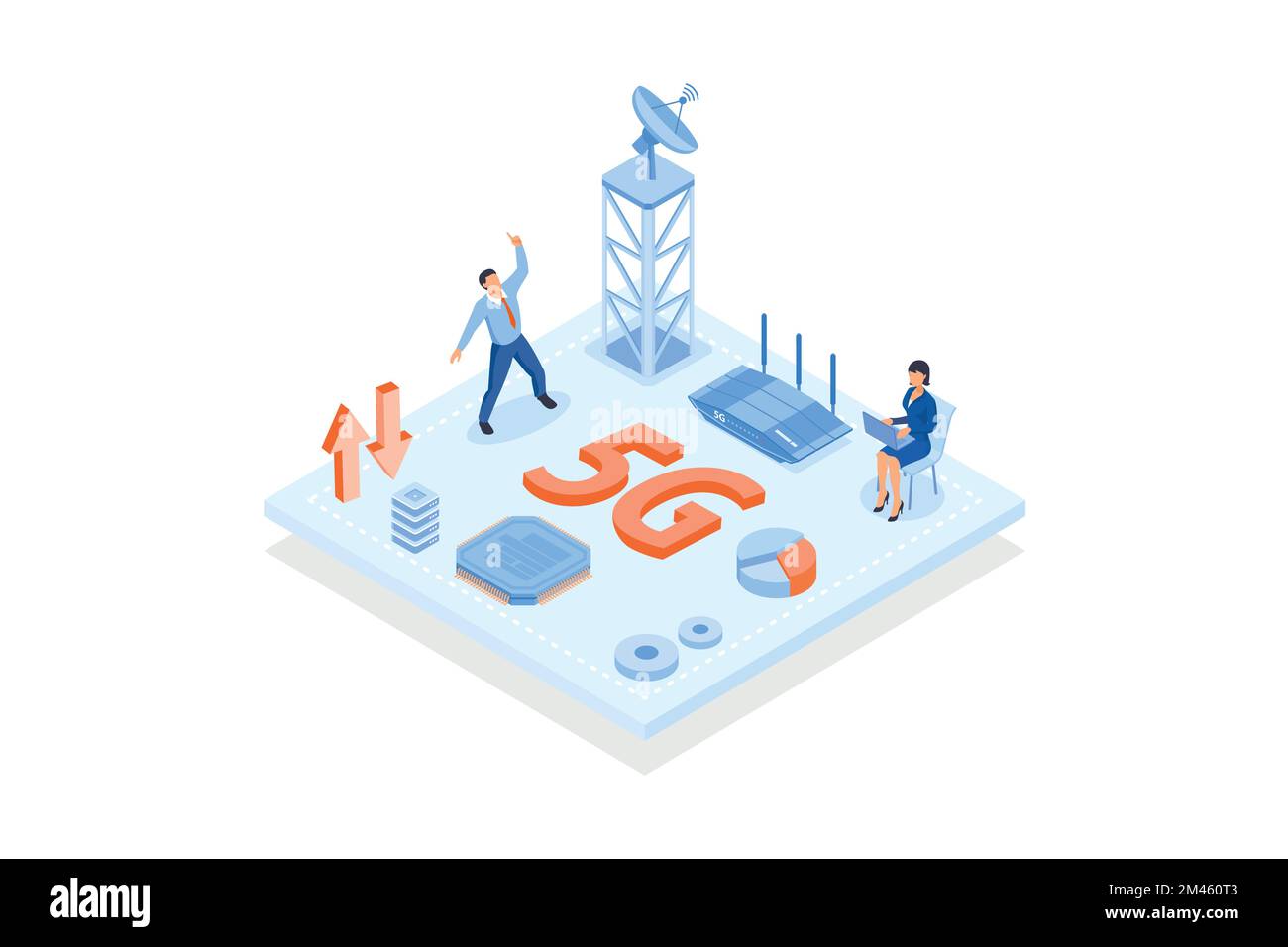 Conceptual template with man and woman looking at cell tower. Scene for ...