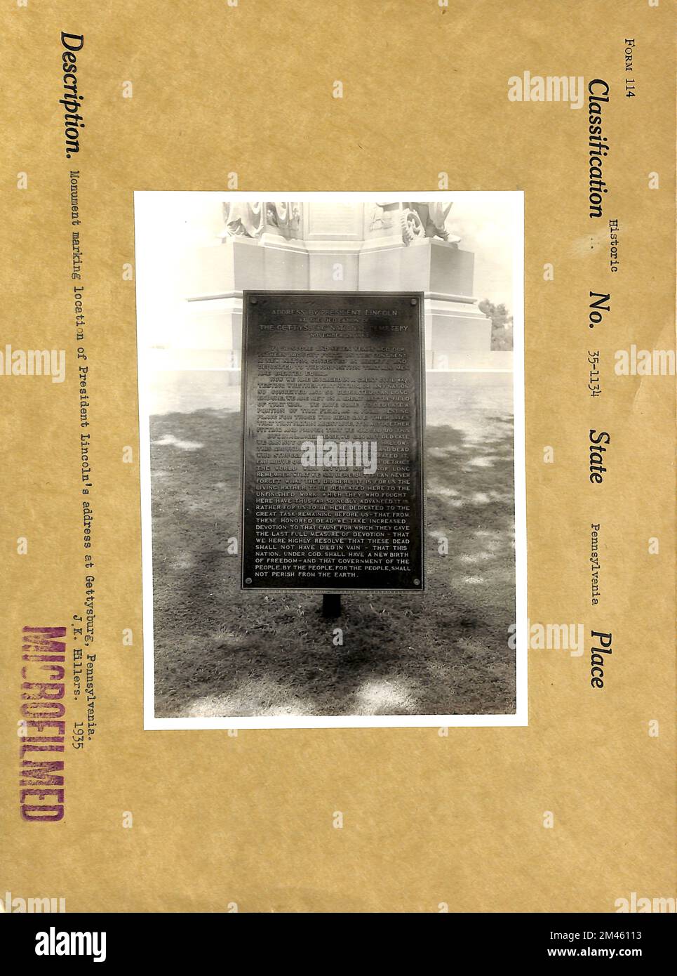 Monument Marking Location of President Lincoln's Address at Gettysburg ...