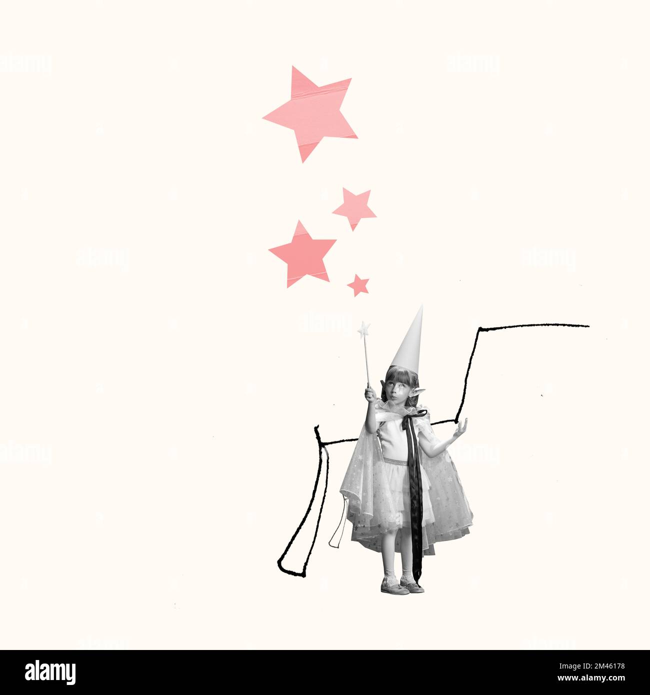 Creative design. Little cute girl, kid, child in image of magical elf ...