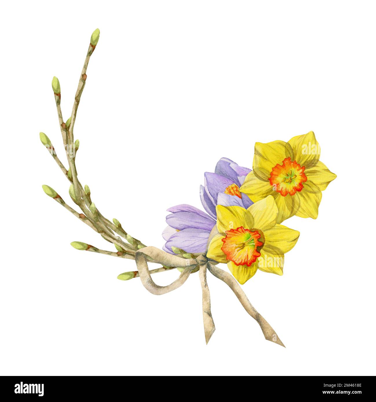 Watercolor hand drawn circle wreath with spring flowers, daffodils ...