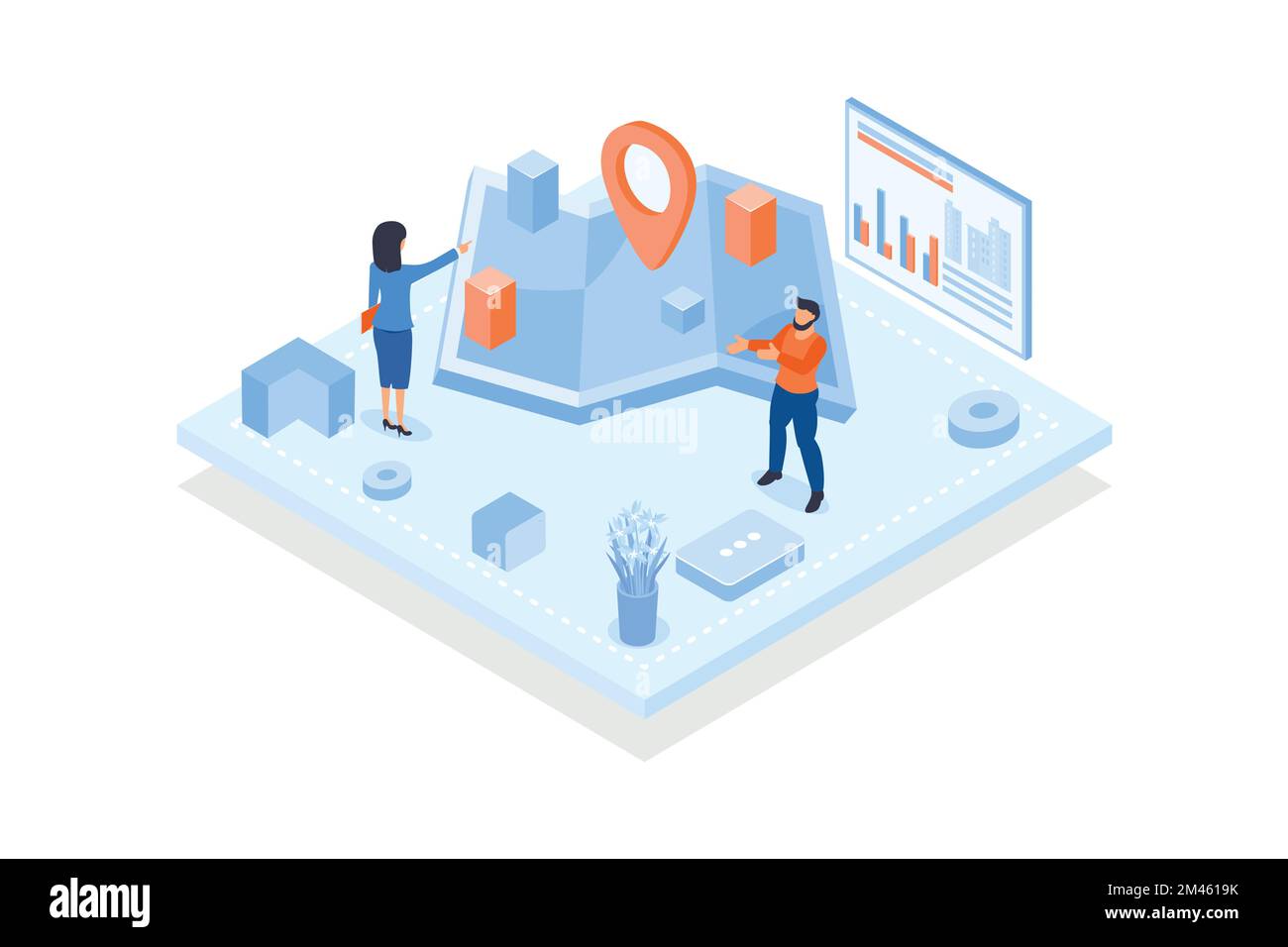 Conceptual template with people looking at city map with buildings ...