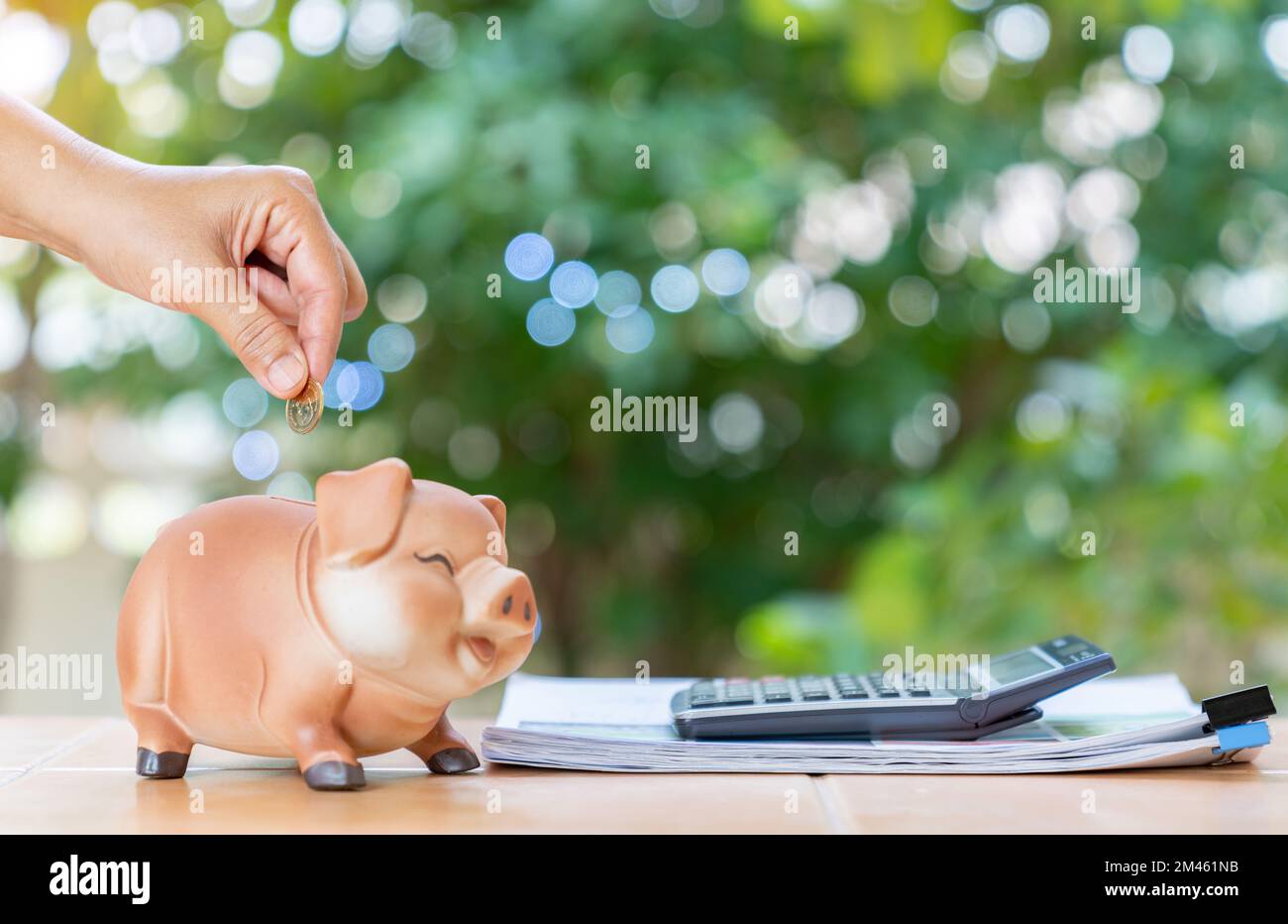Hand put money coin in piggy bank and calculatoy on out of focus ...