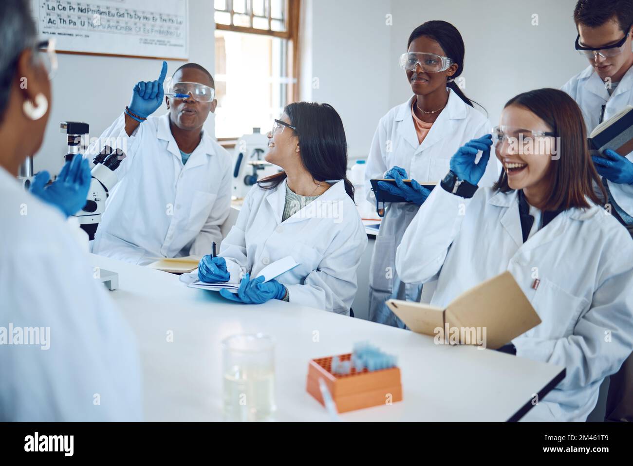 College, science and education with students in laboratory classroom ...