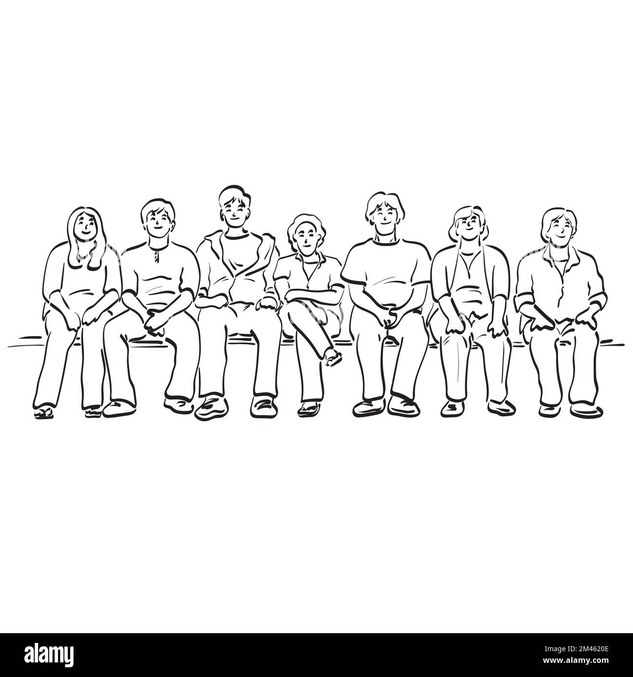 line art seven people sitting in line waiting for interview ...