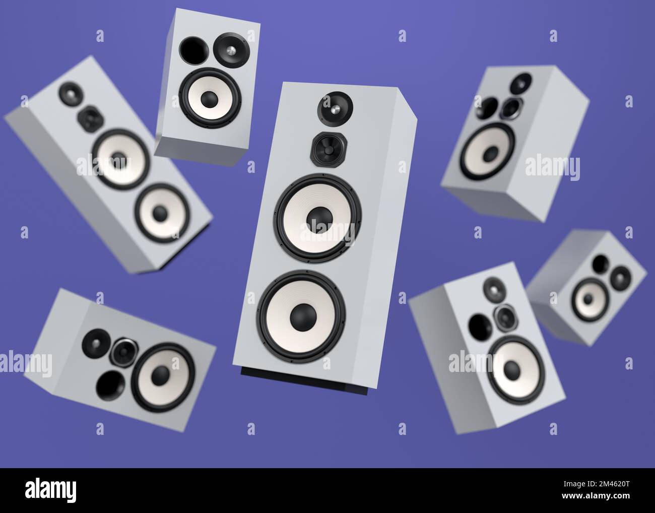 Set of Hi-fi speakers with loudspeakers isolated on violet background ...