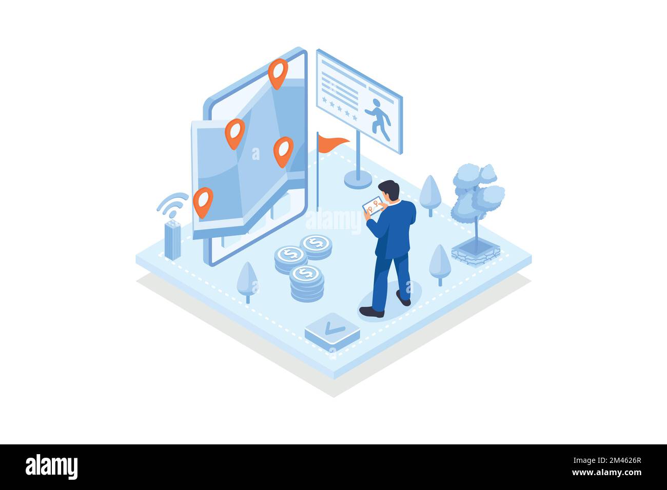 Conceptual template with man standing at control panel and smartphone ...