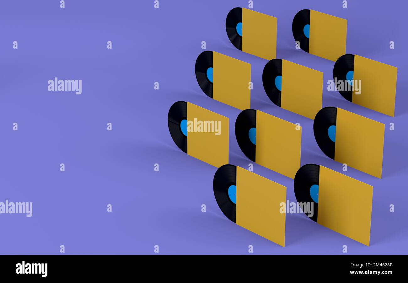 Set of vinyl LP records with cover isolated on violet background. 3d ...