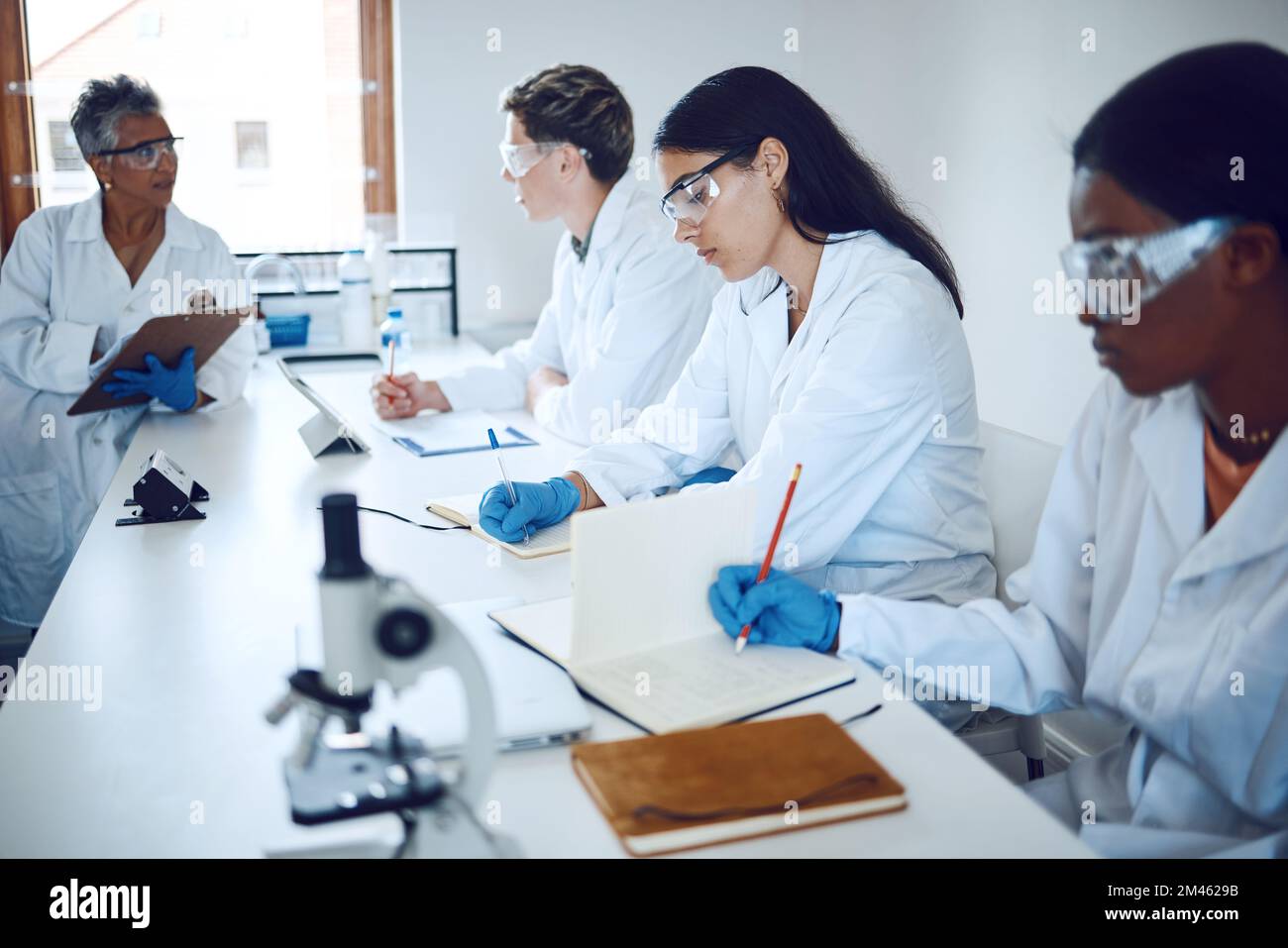 Science team, collaboration and medical students or expert research ...