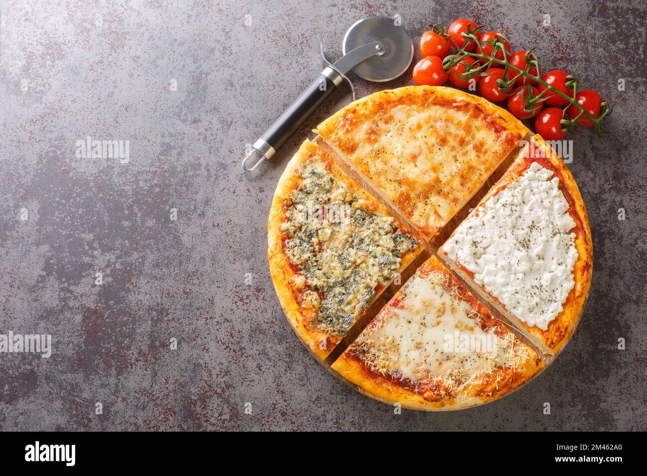 Simple classic pizza quattro formaggi with gorgonzola cheese, ricotta ...
