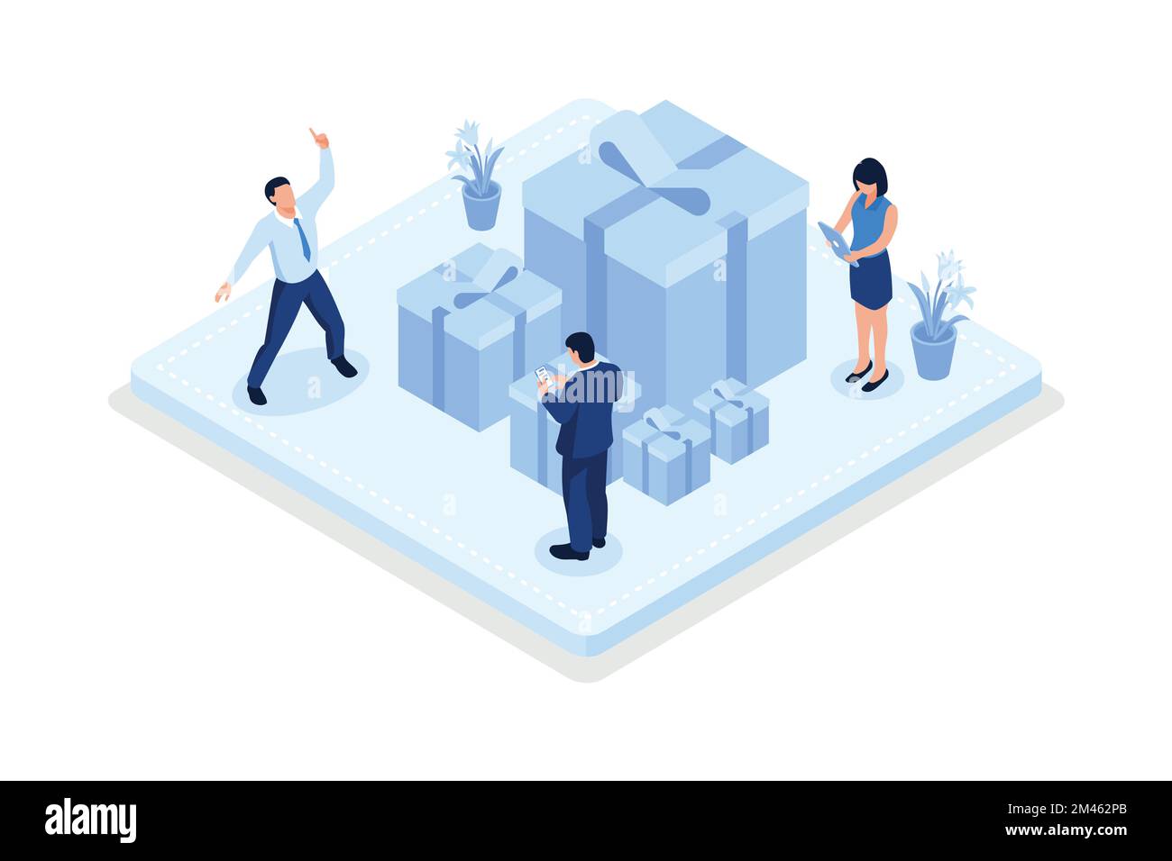 People celebrating birthday party, characters receiving gifts ...