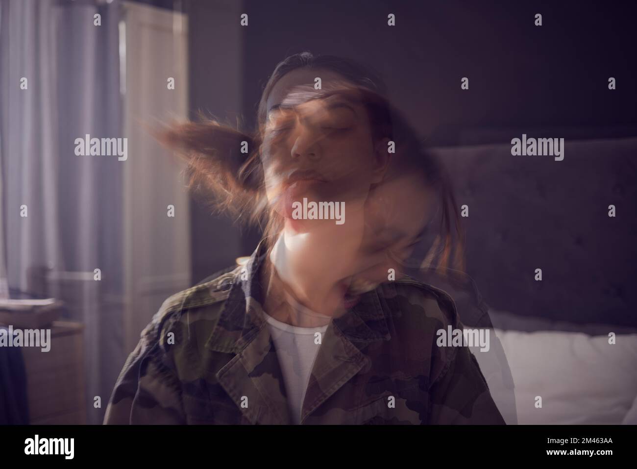 Stress, depression and double exposure of woman in bedroom screaming ...