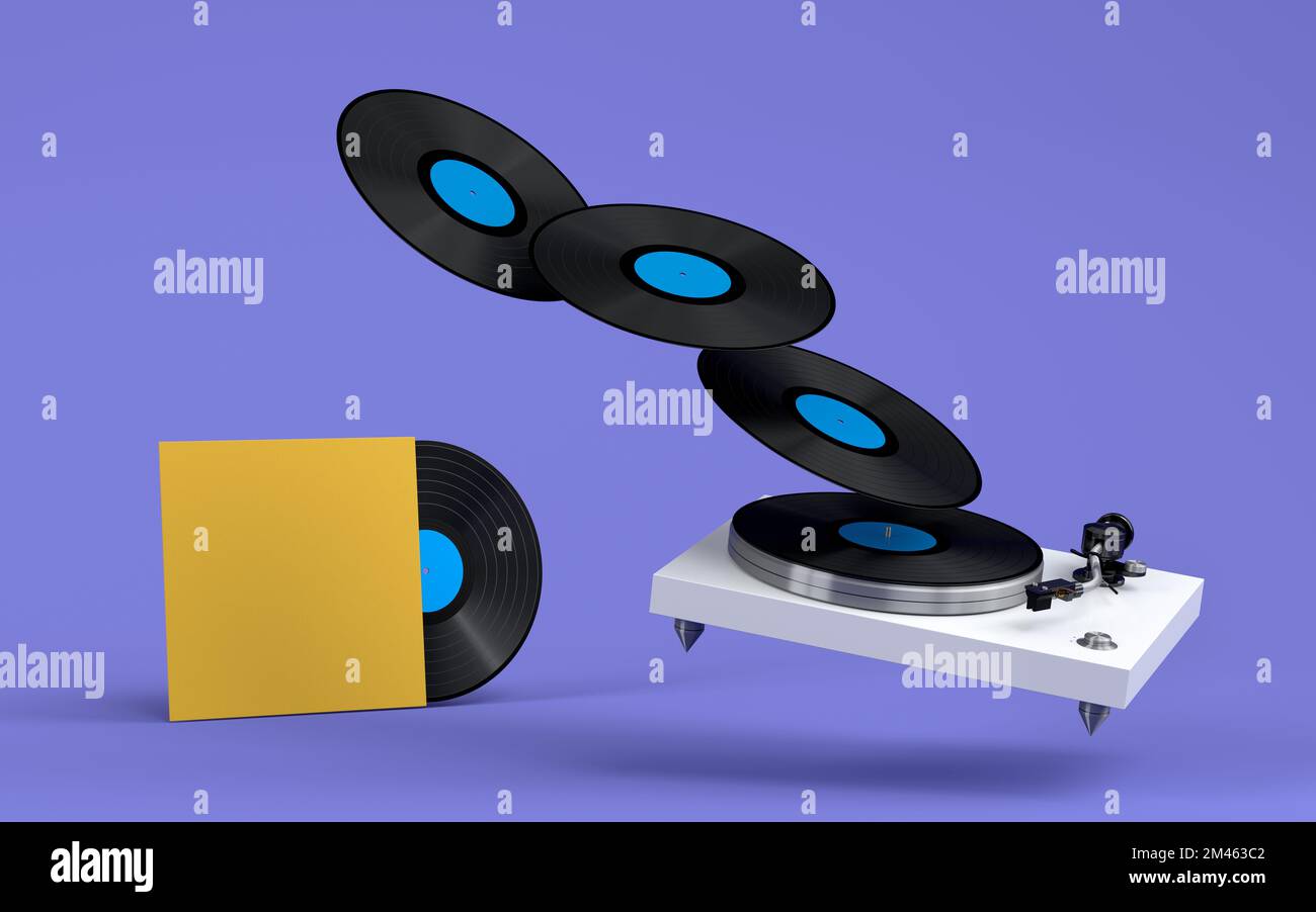 Set of Hi-fi speakers with loudspeakers and DJ turntable with vinyl LP ...