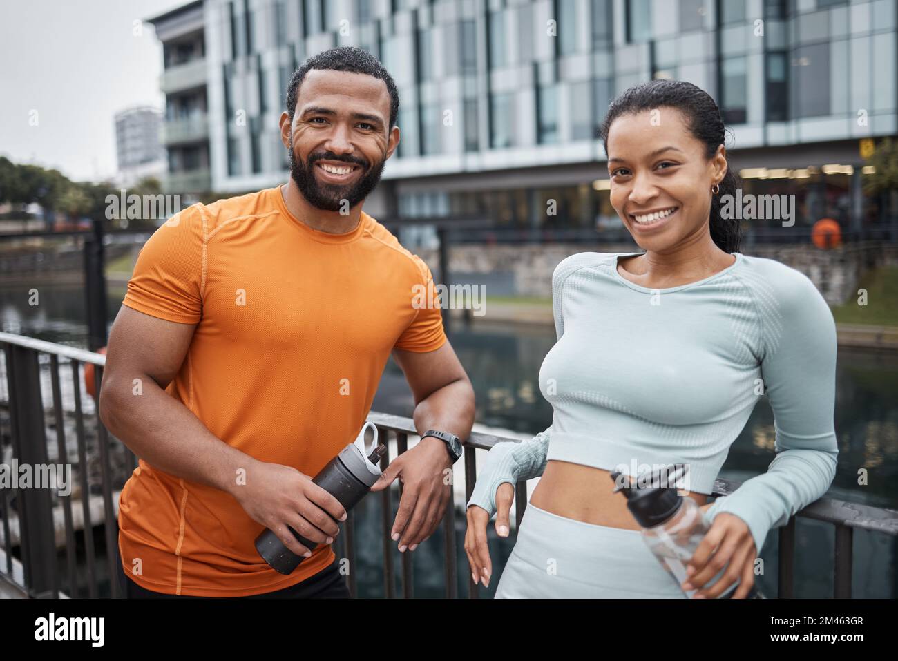 Black couple, portrait and fitness in urban city, workout partner with ...