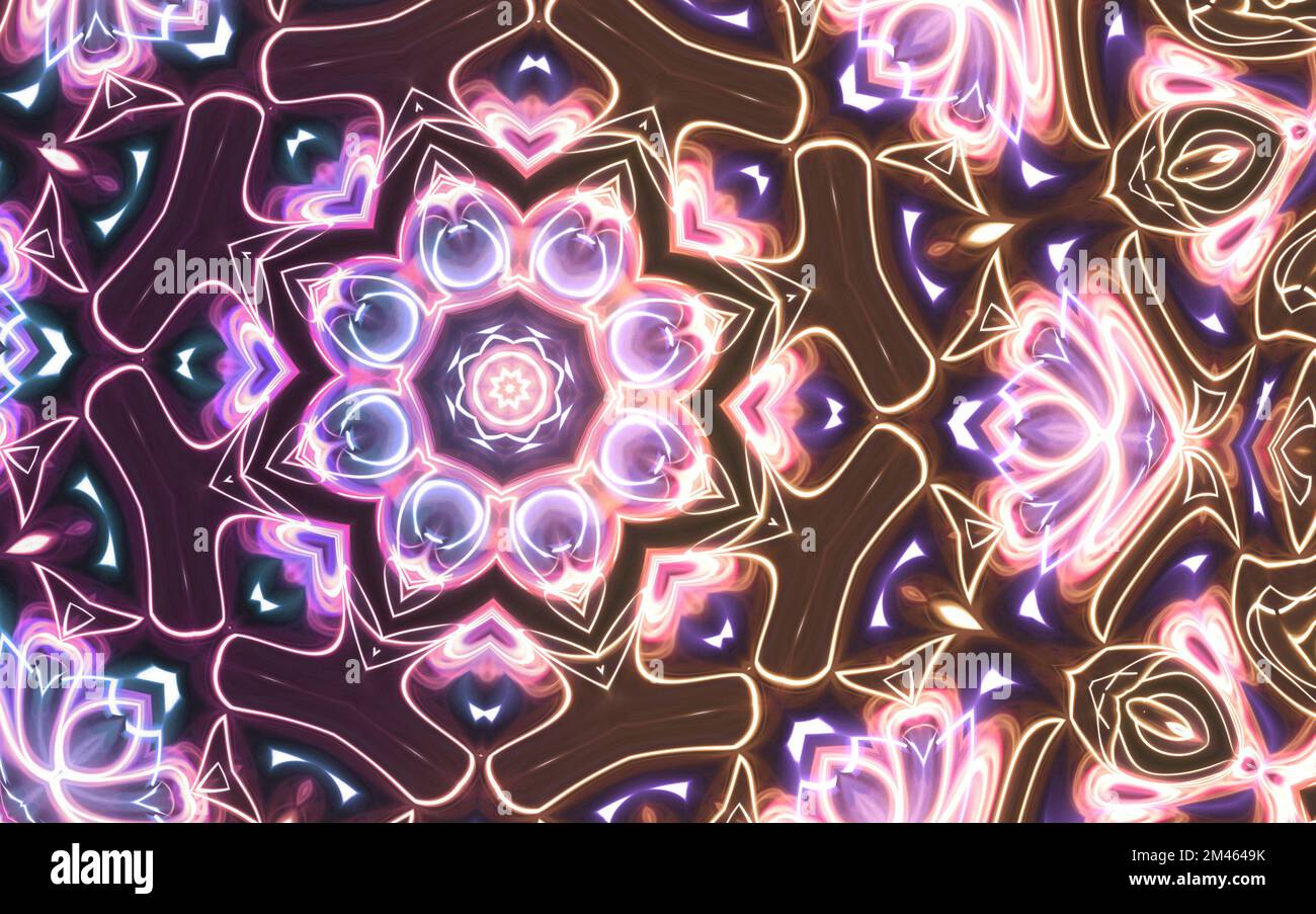 Neon glowing geometric mandala fantasy fractal. Abstract background ...