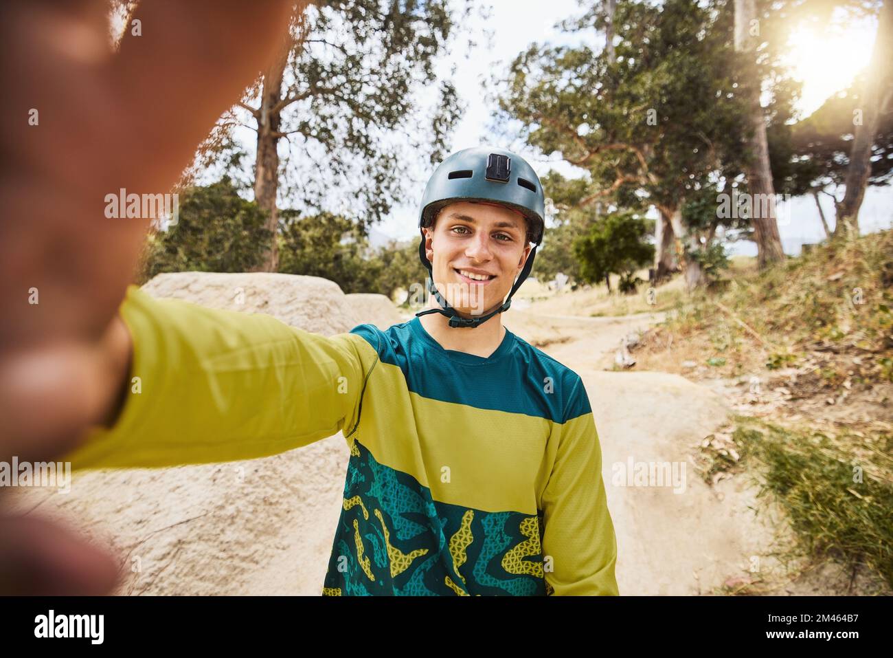 Happy, cycling and man selfie on nature trail with cheerful smile for ...