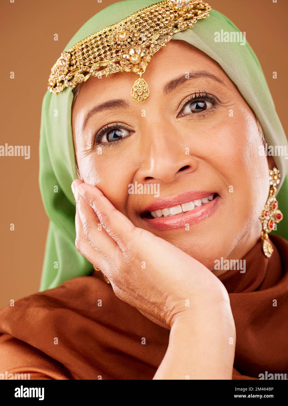 Mature muslim woman, portrait or beauty on studio background in ...