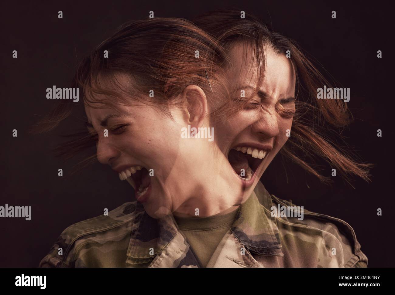 PTSD, depression and military woman with mental health problem, horror ...