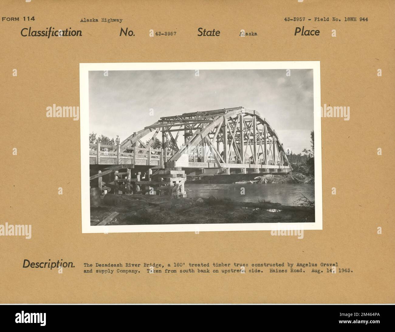 Dezadeash River Bridge, a 160 foot treated timber truss structure. Original caption: The ...