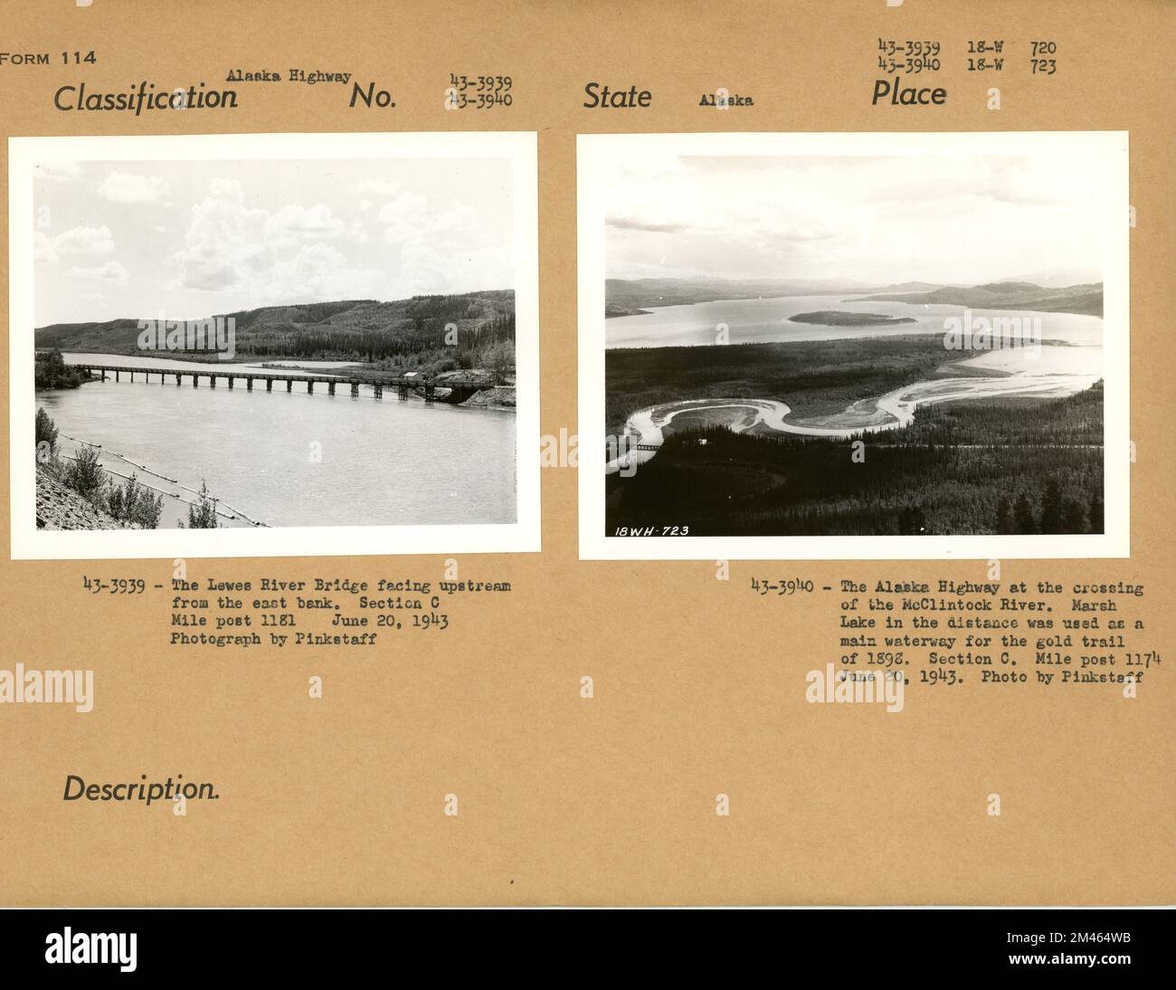 Lewes River Bridge facing upstream from the east bank; Alaska Highway at the crossing of the ...