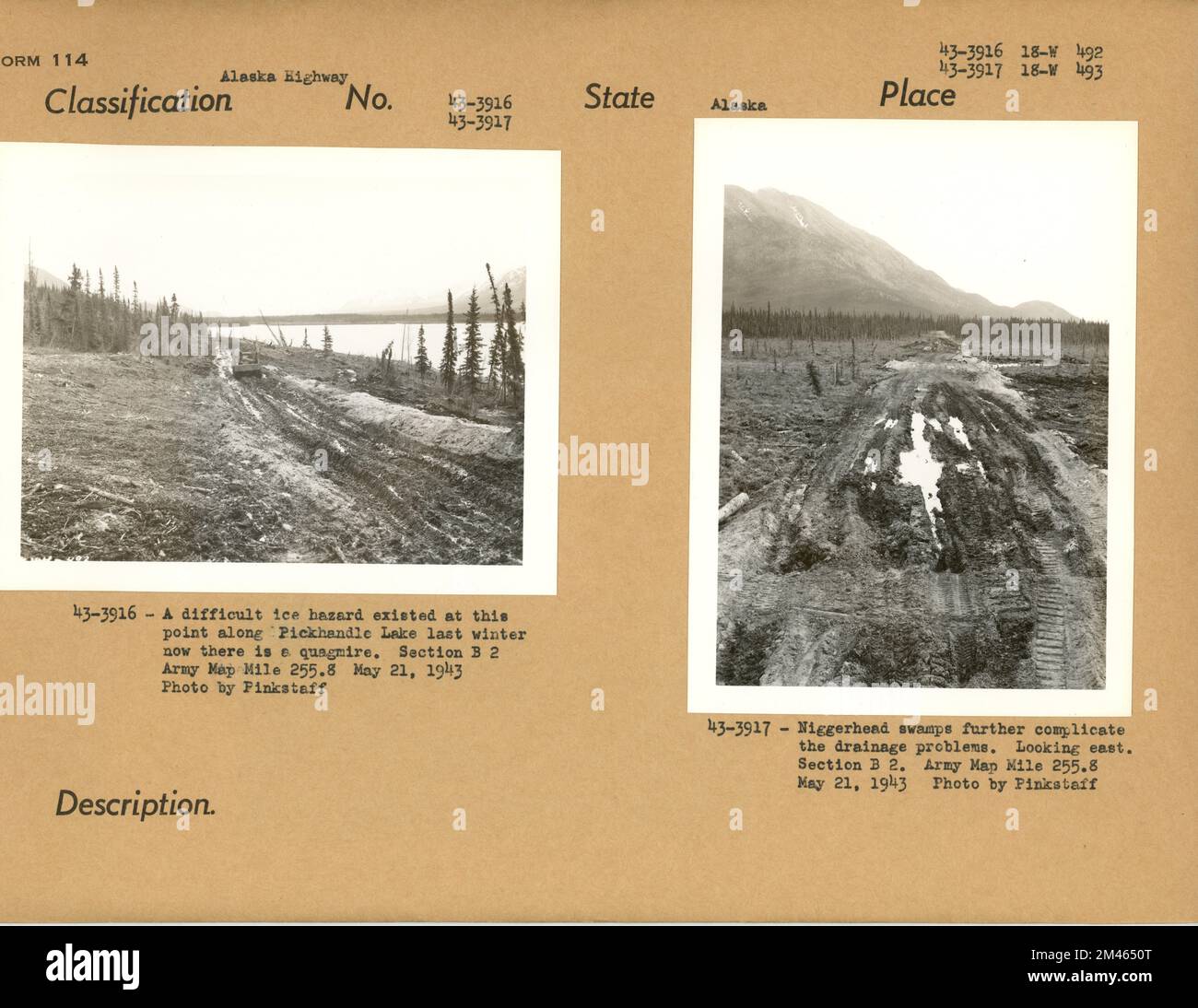 Roadbed drainage challenges; ice and swamps. Original caption: 43-3916 ...