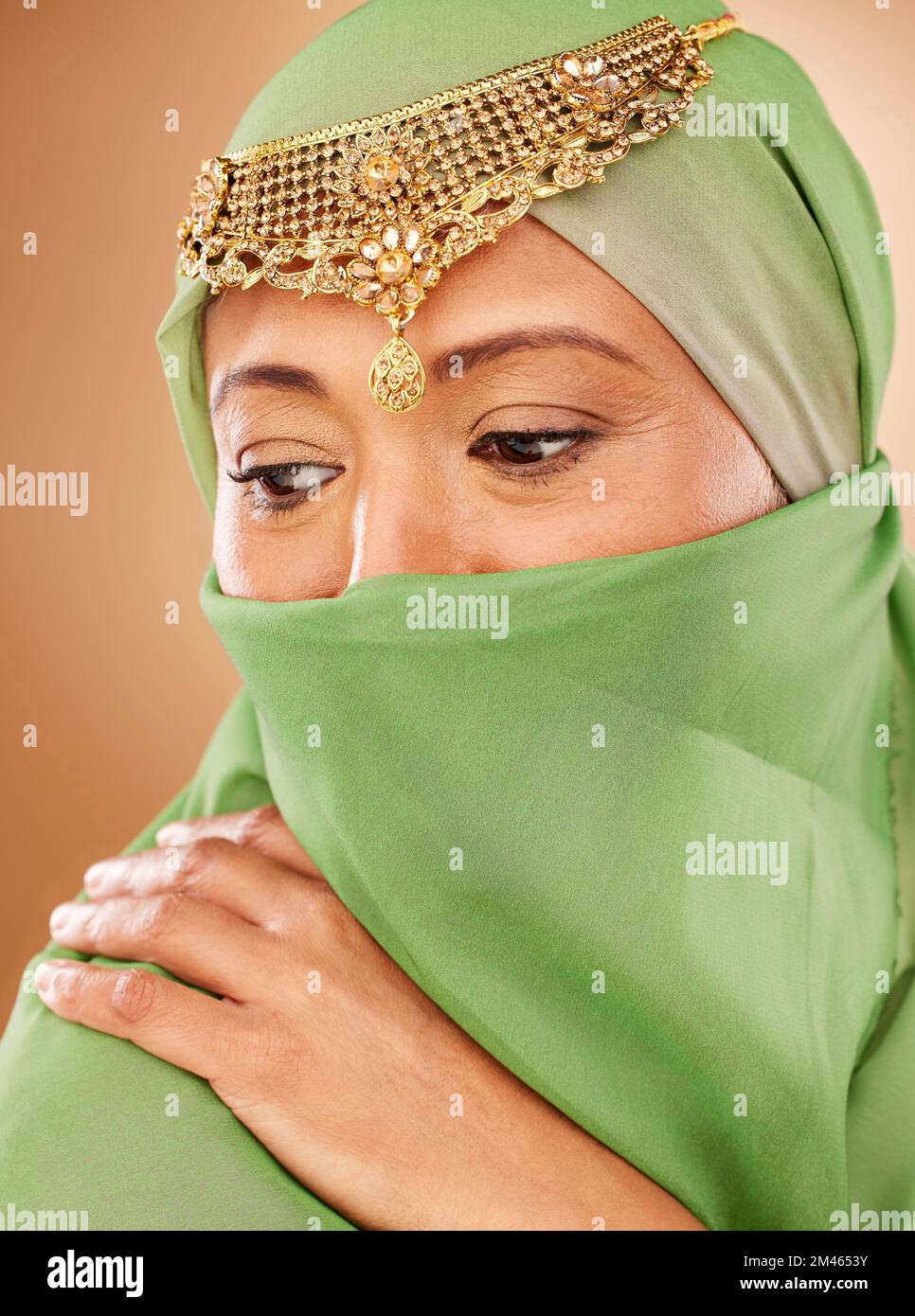 Muslim woman, face or fashion burka on studio background in Iranian ...