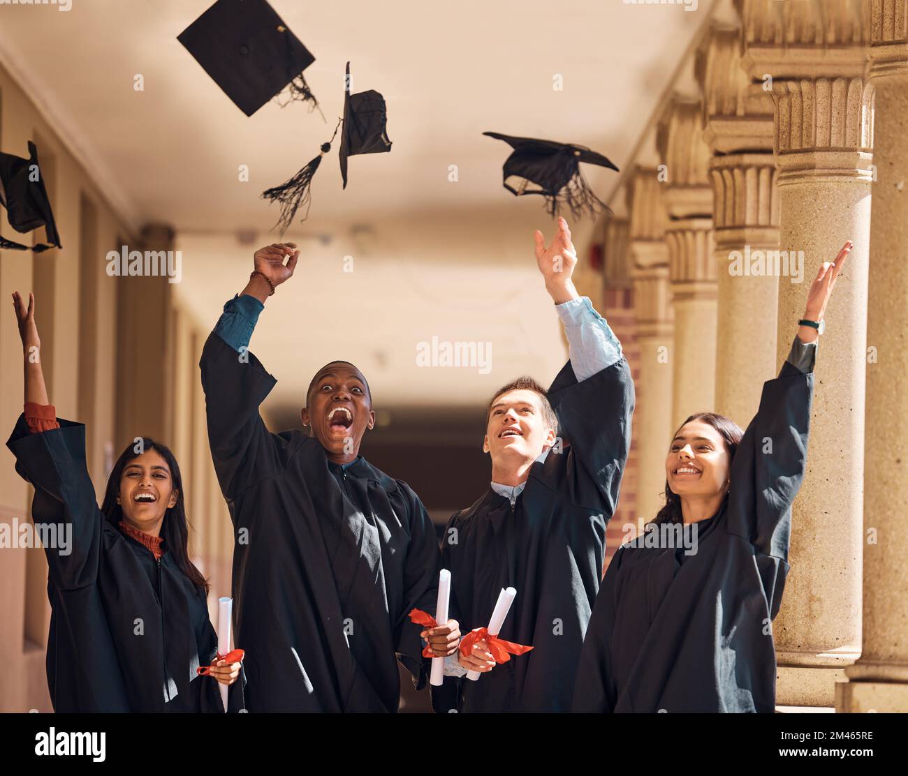 College, friends and graduation success portrait with happy, excited ...