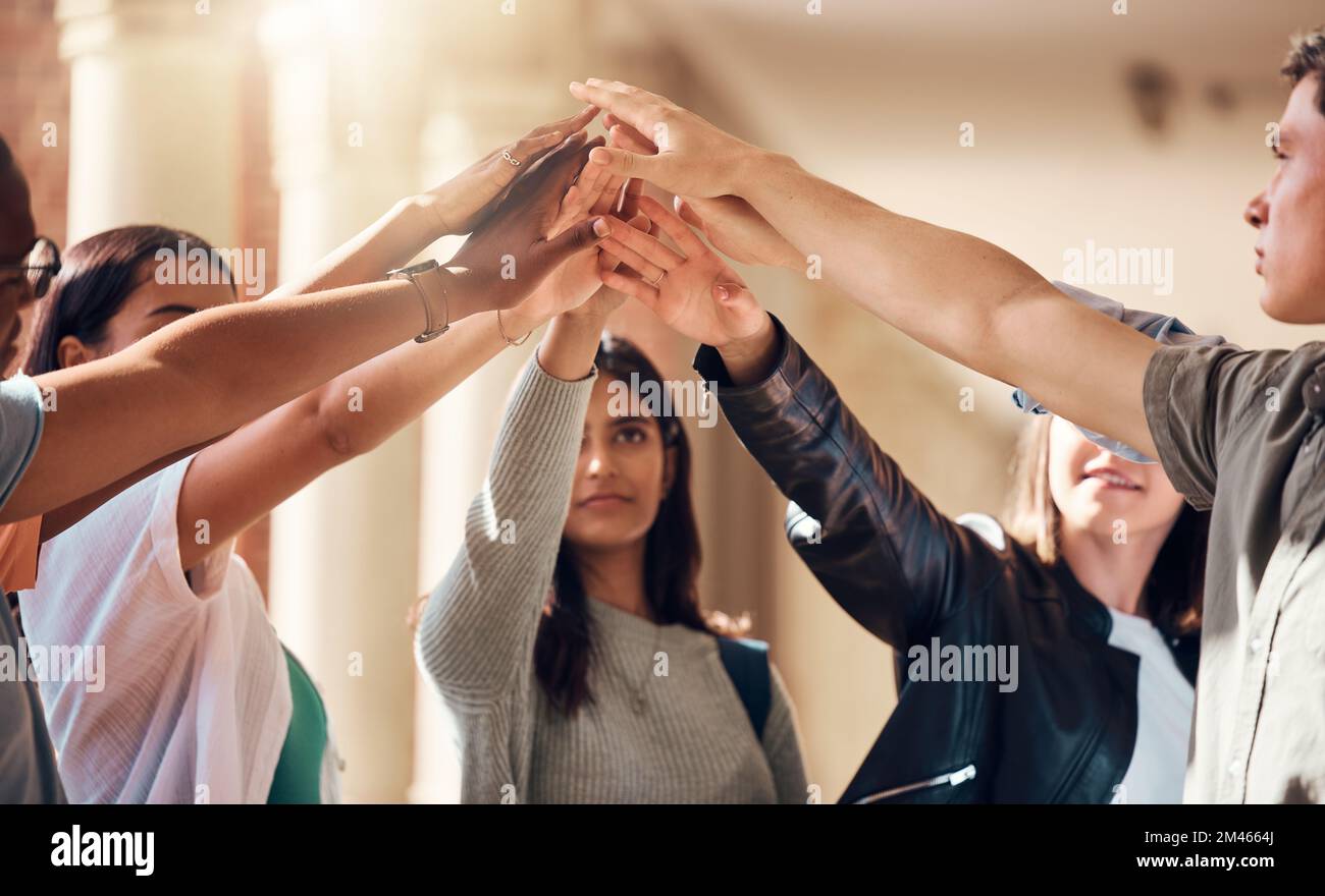 Support, team building and hands of students at college with ...