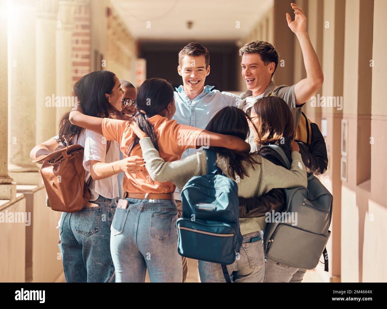 Group of people, happy students and hug for education celebration ...